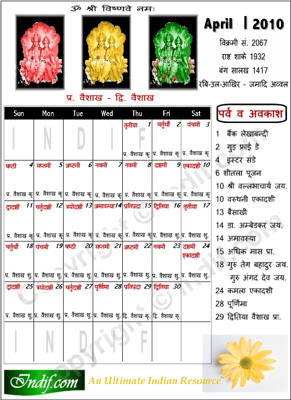 April 2010 - Indian Calendar, Hindu Calendar